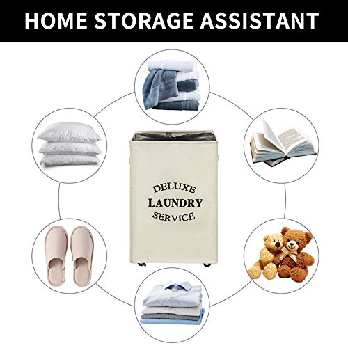 ZERO JET LAG 90L Large Slim Rolling On Wheels Laundry Hamper Basket Tall Dirty Clothes Hamper Clothes Storage Basket Standable Corner Handy Bin Hamper Basket 12x16x26" (Beige)