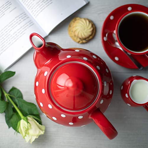 City to CottageĀ® Red and White Polka Dot Handmade Large Ceramic 1,7l/60oz/4-6 Cup Teapot with Handle and Lid, Unique Pottery Housewarming Gift for Tea Lovers