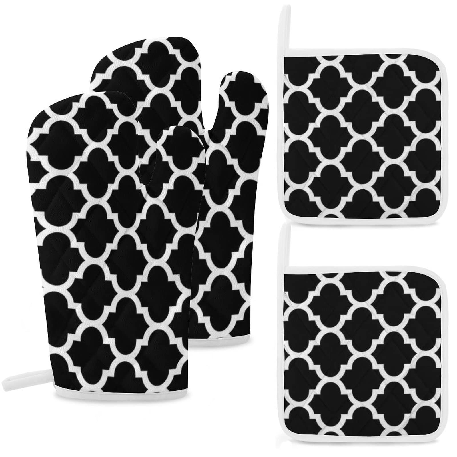 4PCS Oven Mitts Glove Kitchen Heat Resistant Pot Holders Set Black White Moroccan Quatrefoil Pattern Kitchen Microwave Oven Gloves Mitts Anti-Scald Baking Cooking Gloves