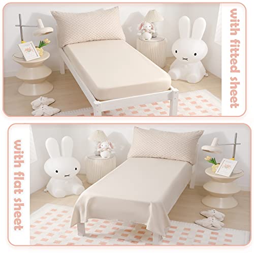 Cozyholy 4 Pieces Boho Tufted Toddler Bedding Set for Girls Boys Beige Soft Jacquard Embroidery Bed Sheets Set Comforter Set for Baby Kids | Include Comforter, Flat Sheet, Fitted Sheet, Pillowcase
