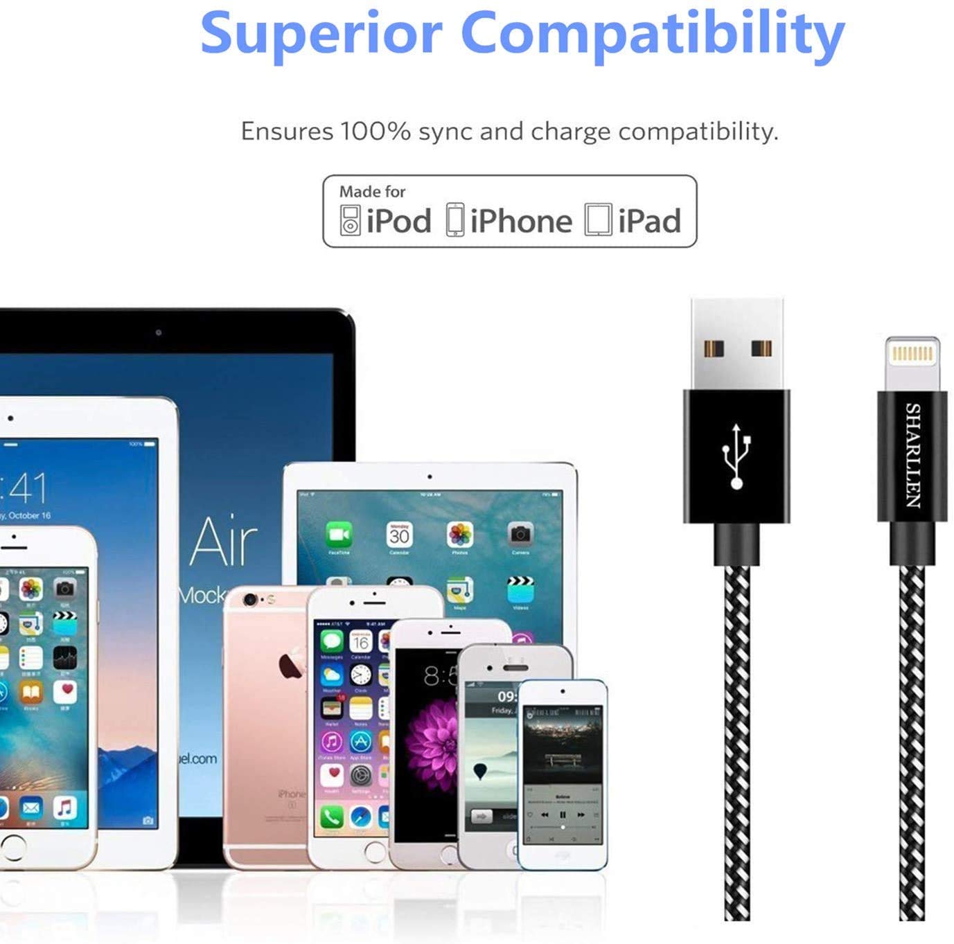 sharllen iPhone Cable 5Pack 3FT/6Foot/10Feet MFi Certified Nylon Braided Fast USB Charging&Syncing Charger Cord Wire Lightning Cable Compatible iPhone11/XS/Max/XR/X/8P/7Plus/6s P/6/6P/iPad/iPod Black
