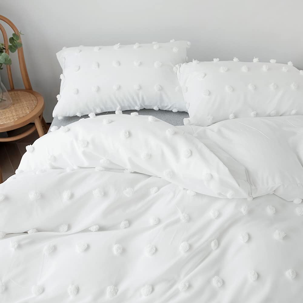 Uthem Tufted Duvet Cover Full Size (79x90 inch),3 Pieces - 1 Jacquard Comforter Cover with 2 Pillowcase,Chenille Dots All Season Soft Washed Microfiber Bedding Set with Zipper Closure,White