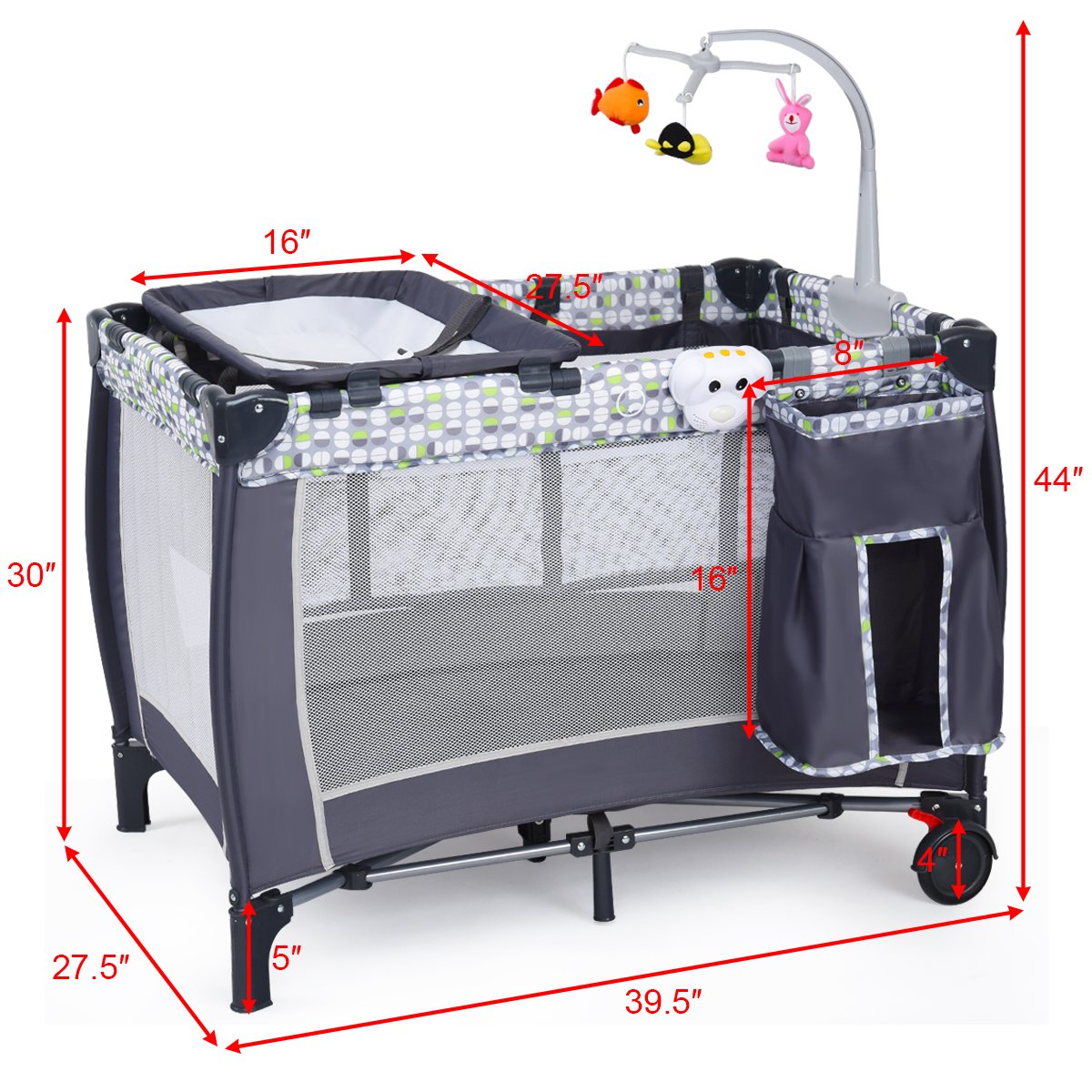 HONEY JOY Portable Baby Playard, 3-in-1 Pack and Play with Infant Bassinet, Diaper Changer & Toy Bar, Lockable Wheels, Toddler Play Yard w/Carry Bag Gray