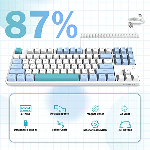 A.JAZZ AK873 Wired 87 Key TKL Retro Color Mechanical Gaming Keyboard with Rainbow Backlit Hot-swap Tactile Blue Switch NKRO Gasket Ergonomic Custom Coiled Aviator C to A Cable for Win/Mac(Blue White)