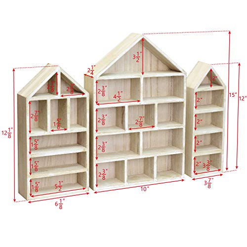 Ikee Design House-Shaped Wooden Shadow Cubby Box Display Shelf Organizer Storage Shadow Box for Mini Figures, Set of 3, Wash White Color, 10" W x 2 1/4" D x 15" H