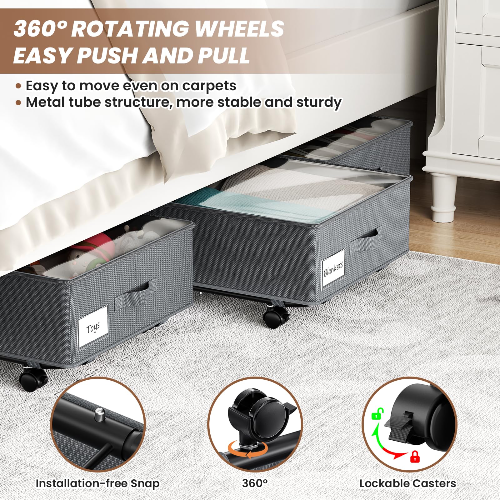 PHINOX Under Bed Storage Containers with Wheels, Under Bed Shoe Storage Bins Organizer with Clear Window Reinforced Handles, Large Underbed Storage Drawer for Clothes, Blankets, Sheet, Bedroom-2 Pack