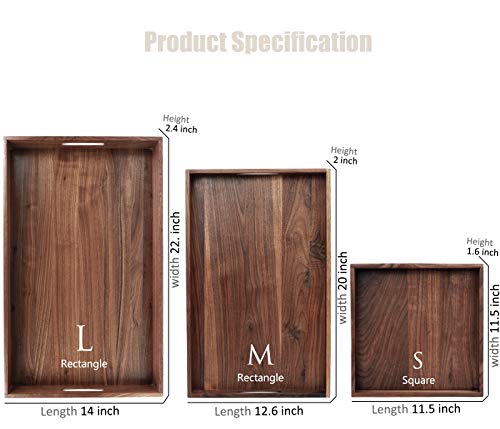 MAGIGO Set of 3 Large Solid Black Walnut Wood Ottoman Tray with Handles, Serve Tea, Coffee or Breakfast in Bed, Classic Wooden Decorative Serving Tray, L+M+S