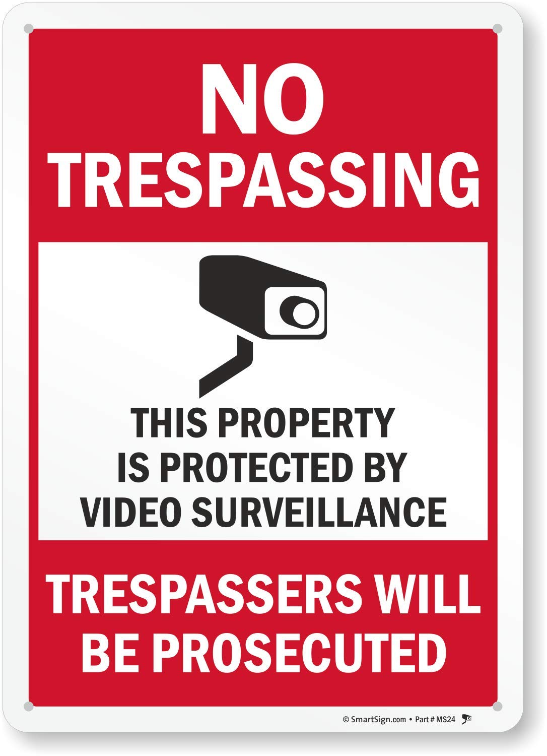 SmartSign 14 x 10 inch “No Trespassing - Property Protected by Surveillance, Trespassers Prosecuted” Metal Sign, 40 mil Aluminum, Engineer Grade Reflective Material, Red, Black and White