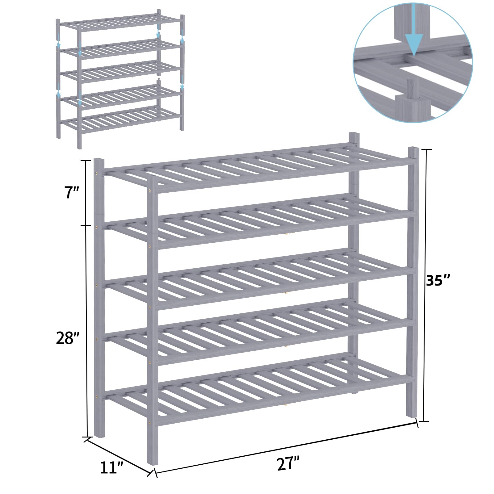RONGJIA 5-Tier Natural Bamboo Shoe Rack - Stackable Storage Shelf with Multi-Function Combinations - Free Standing Shoe Racks for Convenient Shoe Organization(Gray) 11" D x 27" W x 35" H