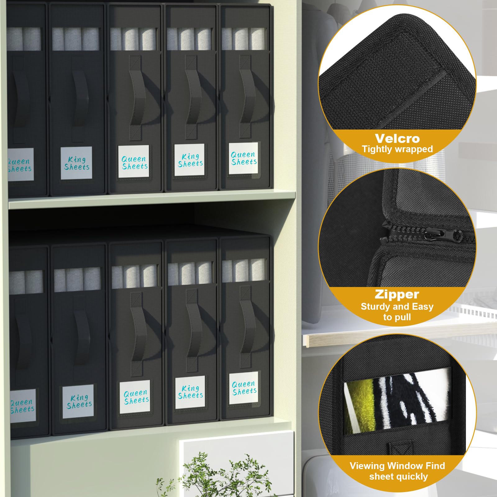 joibabe Bed Sheet Organizer and Storage, Bed Sheet Folder Organizer (Queen and King Size), 600D Oxford Cloth Storage Box for Bed Sheets, Duvet and Pillowcases (BLACK, 2PACK)
