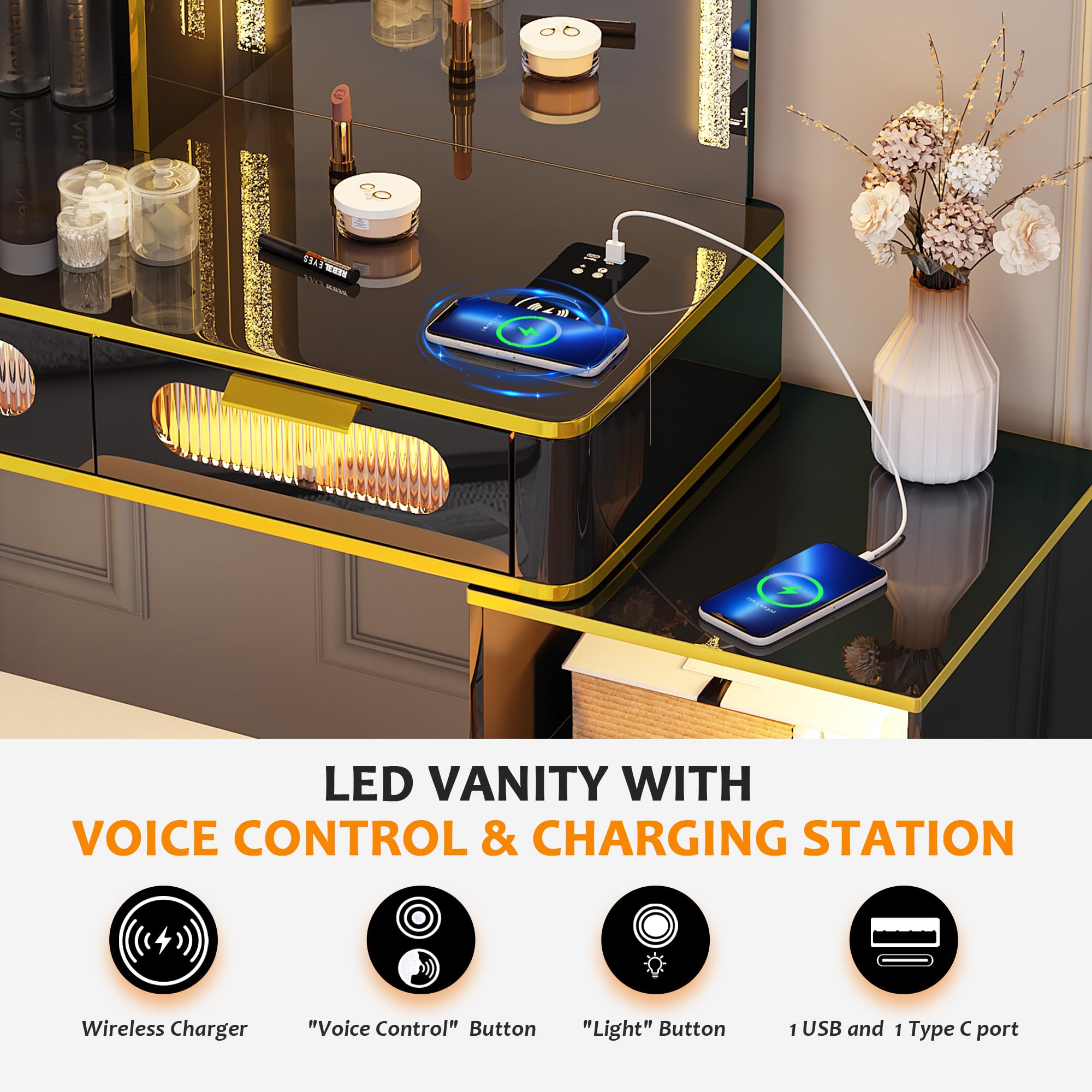 SKKTKT LED Vanity Desk, Retractable Makeup Vanity with Nightstand and Lighted Mirror, Black Makeup Vanity with Voice Control & Charging Station, Dressing Table Set with Jewelry Organizer