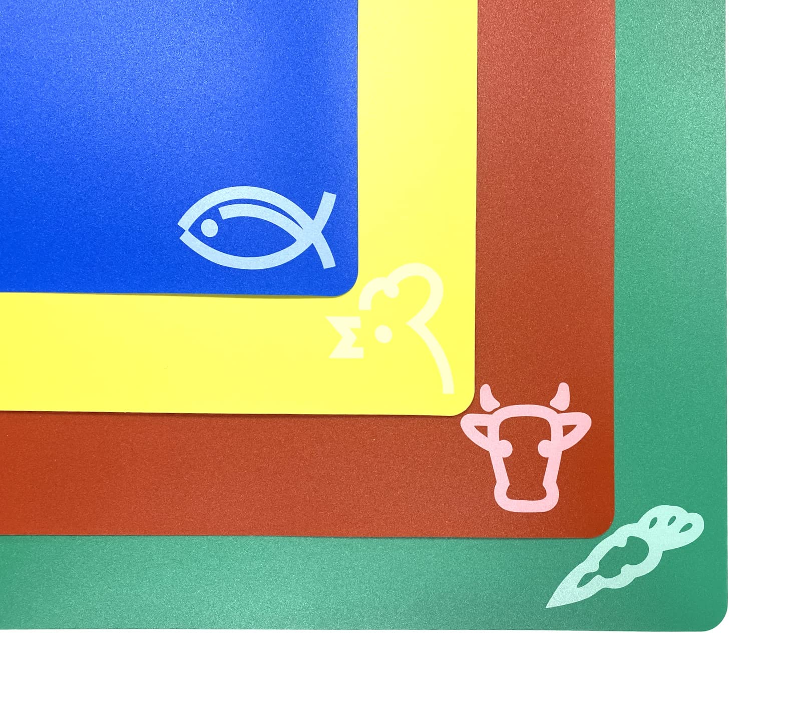 4pc Cutting Boards Flexible Plastic Color Coded Mats Food Icons Meat Vegetable Fish Chicken Chopping Small Busy Kitchen Countertops Catering Thanksgiving Picnic Dinner Party 9.75’’ x 11.75’’
