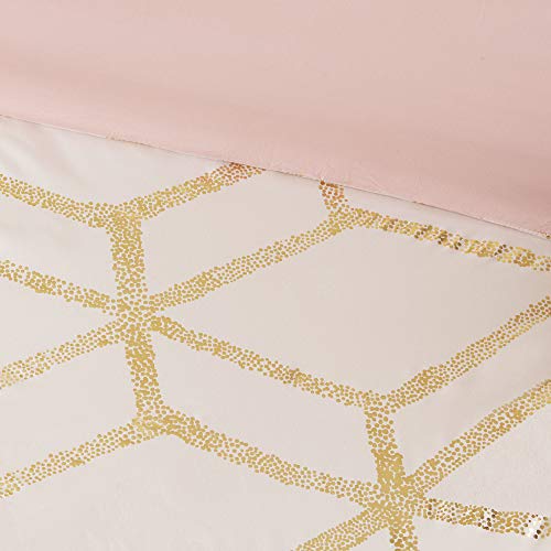 Comfort Spaces Vivian Comforter Set Ultra Soft All Season Lightweight Modern Geometric Glam Metallic Print Bedding, Matching Sham, Decorative Pillow, Full/Queen, Geometric Blush/Gold