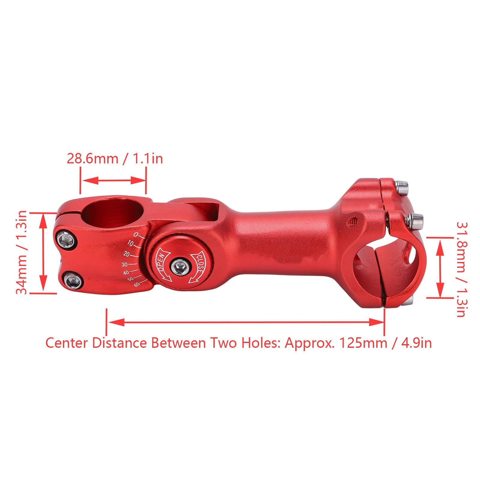 31.8 Bike Stem Replacement, 125mm 60 Degree Adjustable Mountain Bike Handlebar Stem Riser for Road Cycling(red)