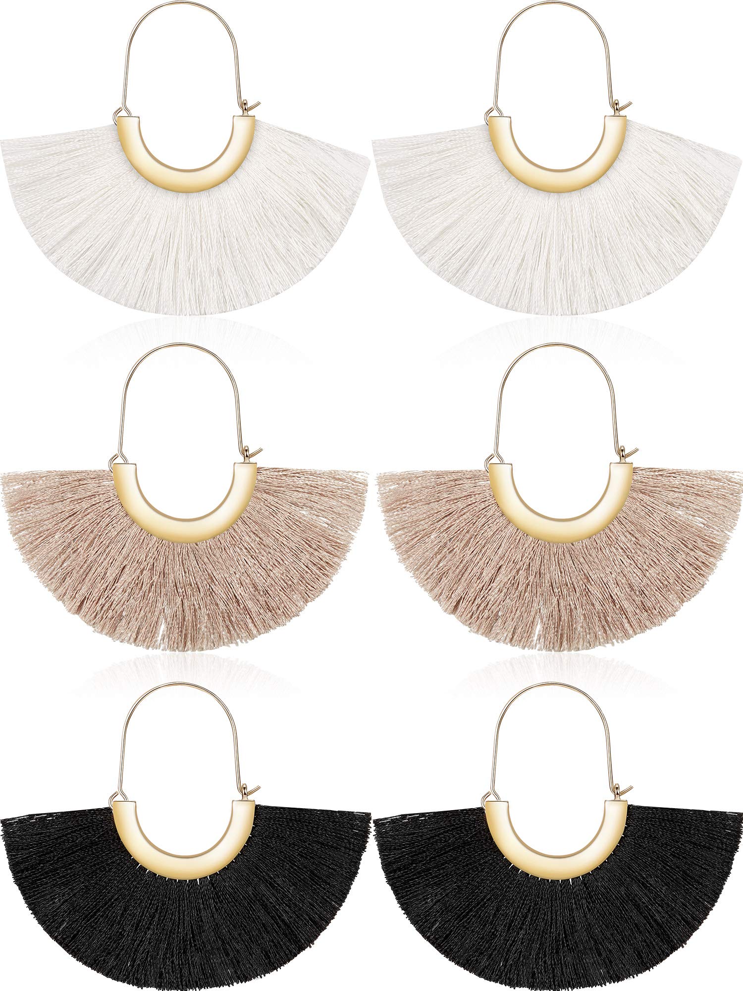 3 Pairs Fan Tassel Earrings for Women Fringe Earrings Semi Circle Fan Silky Threader Dangles Hoops