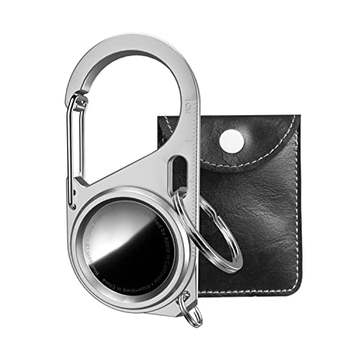 AirTag Holder Metal Keychain Case for Air Tag Slim Shock-Proof Protective Cover Accessory with Ruler Bottle Opener for Men Snap Hook Carabiner for Backpack Luggage Pet Collar – Silver