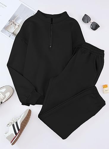Aleumdr Womens 2 Piece Sweatsuit Sets 2023 Fall Trendy Half Zip Pullover Long Sleeve Sweatshirt Jogger Pants Outfits with Pockets Black XX-Large