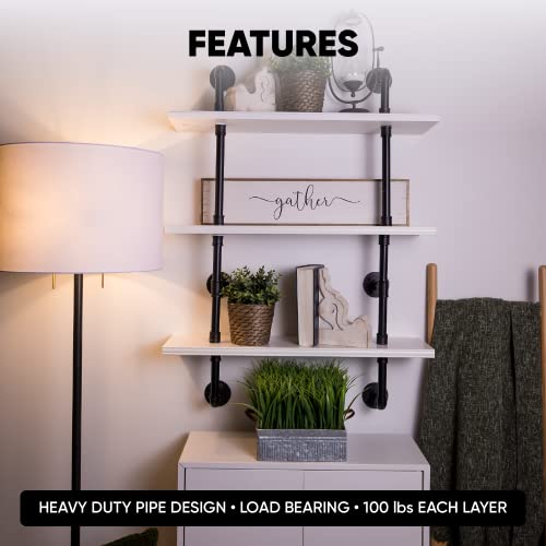 Industrial Floating Pipe Shelves - Wall Mounted Hanging Bathroom Wall Shelf - 41.5โ x 12โ x 9.5โ Rustic Metal Shelf for kitchen - 3 Tiers Farmhouse Shelves (Planks are not Included)