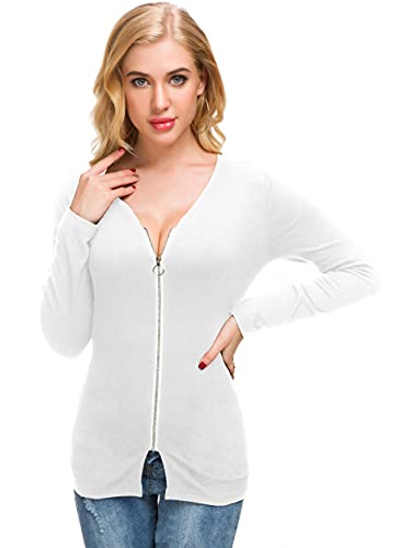 Afibi Women V Neck Zip Front Long Sleeve Casual Top Blouse Shirt/Cardigan (Large, White)