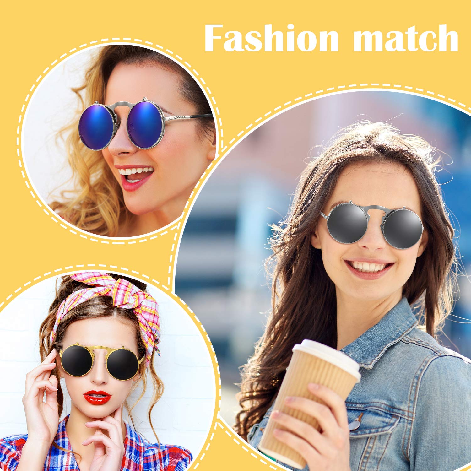 3 Pairs Vintage Round Flip up Sunglasses 90's Steampunk Style for Men Women