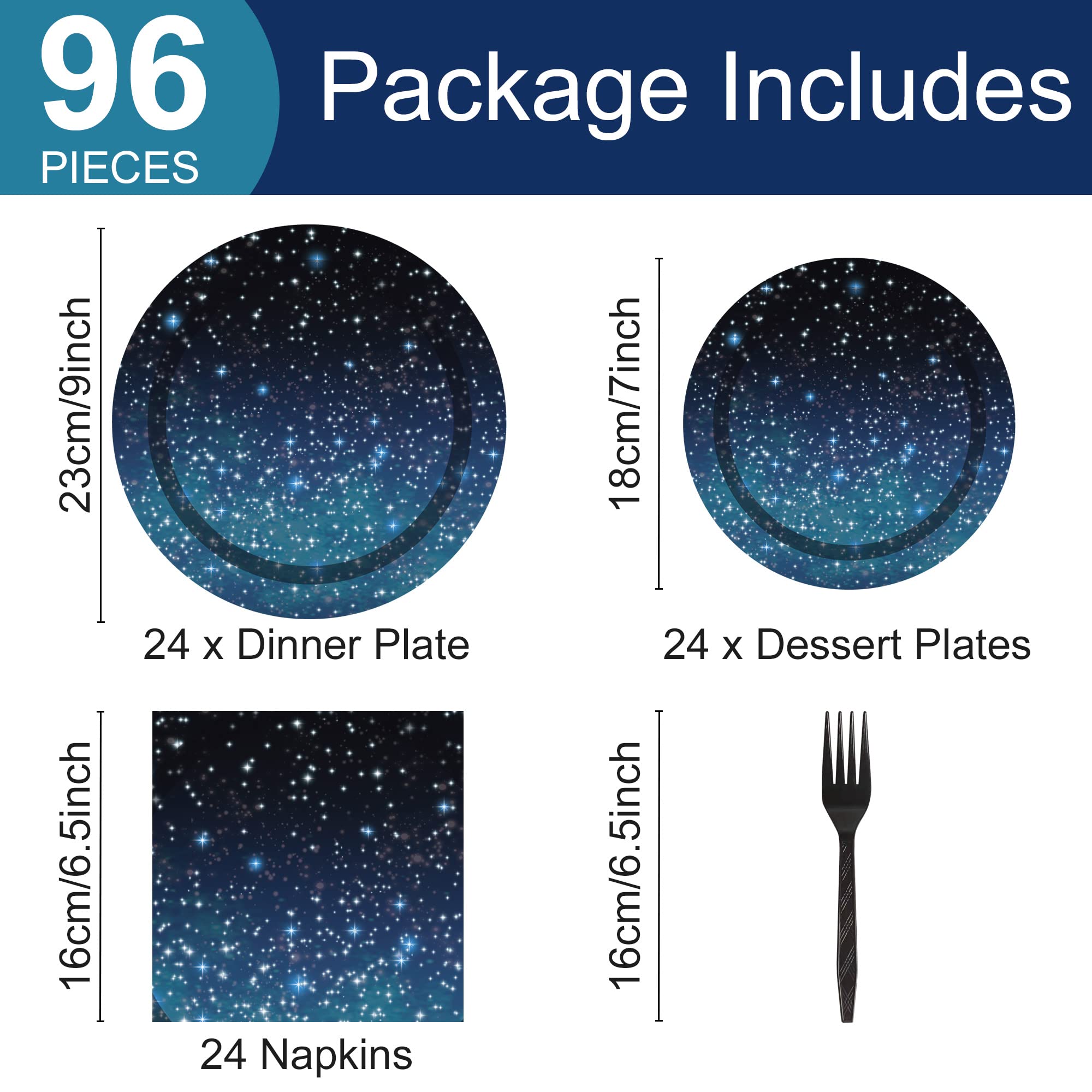 96 Pcs Galaxy Party Starry Night Supplies Tableware Set Outer Space Theme Birthday Star Party Table Decorations Solar System Paper Plates Napkins Forks for 24 Guests