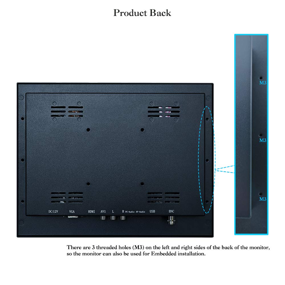 iChawk 12.1'' inch Monitor 800x600 4:3 AV BNC HDMI-in Built-in Speaker Remote Control LCD Screen for Industrial Equipment, PC Display with USB Interface Small Video Player Pluggable U-Disk W121MN-591
