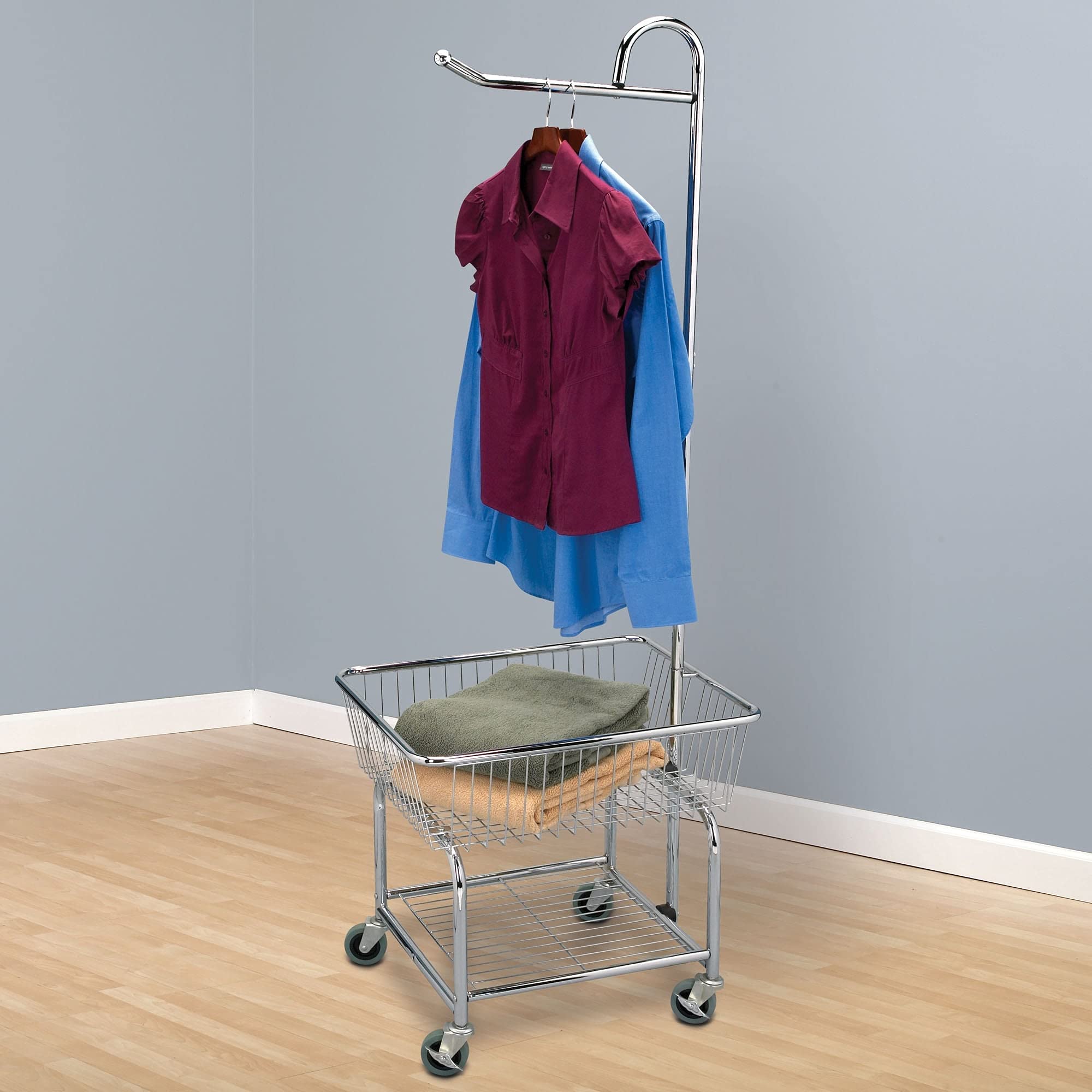 Unknown1 Chrome Laundry Rolling Cart with Basket and Hanging Bar 25 X 21 67 Inches Silver Metal Handmade
