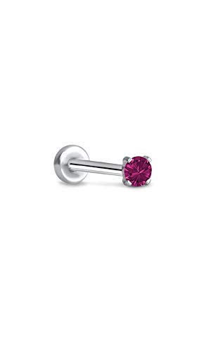 316 Stainless Steel Threadless Push Pin Nose Ring Labret Monroe Stud 1.5mm Prong Hot Pink CZ 18G
