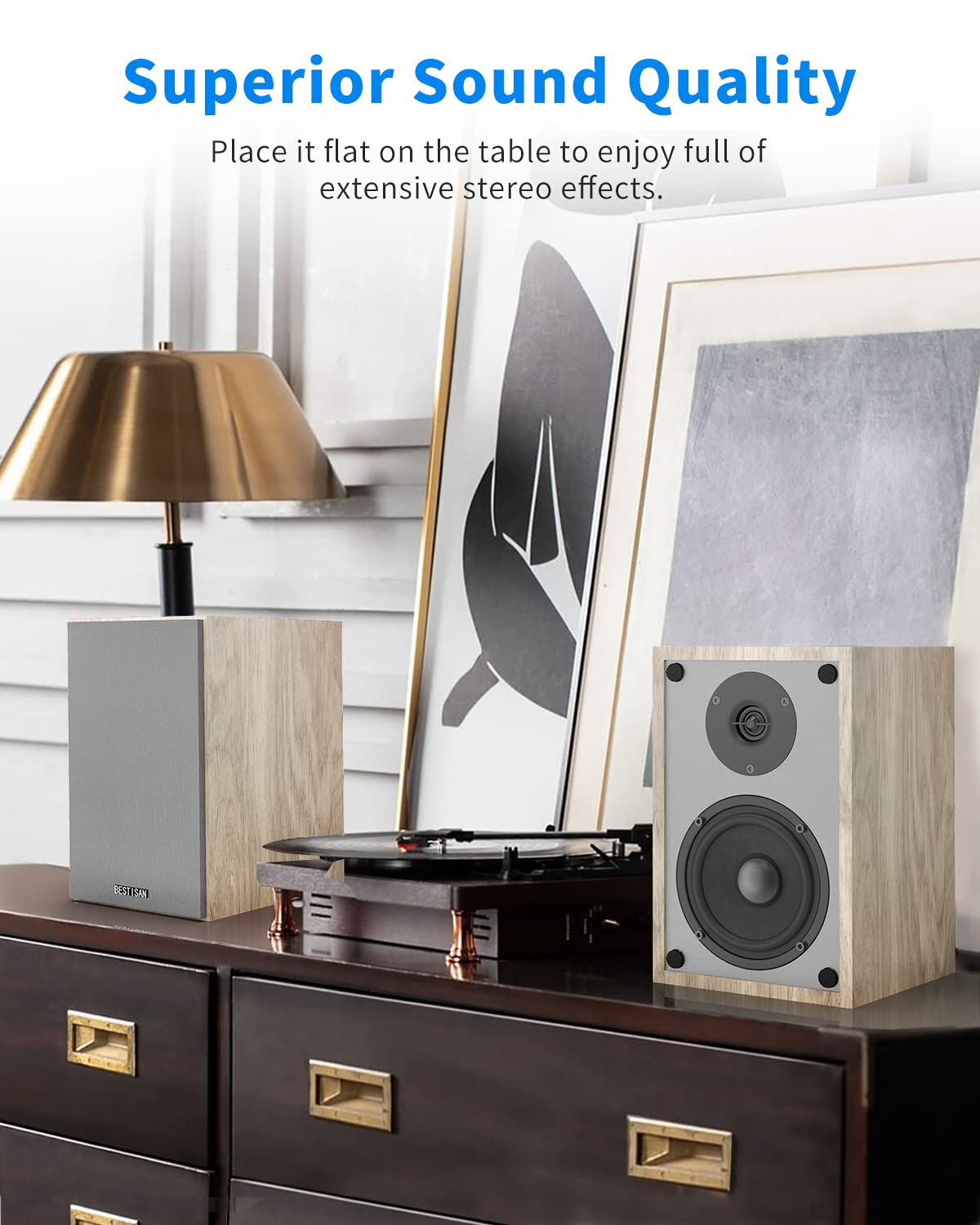 BESTISAN Bookshelf Bluetooth Speakers, Powered 2.0 Stereo 50W Home Audio Bookshelf Stereo Speakers for Turntables, Record Player, Desktop, TV, RCA Input, Wooden Enclosure, Pair