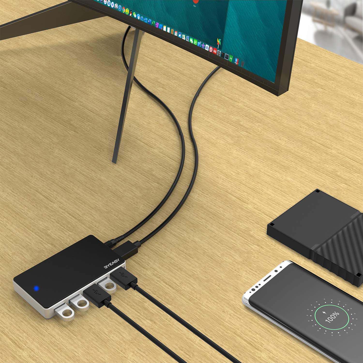 BYEASY Powered USB Hub 3.0, 7-Port USB Splitter with Power Adapter, 3.3 ft Long Cable and BC 1.2 Charging Port for iMac, MacBook Pro/Air, Mac Mini/Pro, PS4, Surface Pro, PC, Laptop, etc