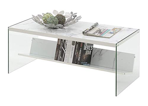 Convenience Concepts SoHo Glass Coffee Table with Shelf, White Faux Marble/Glass