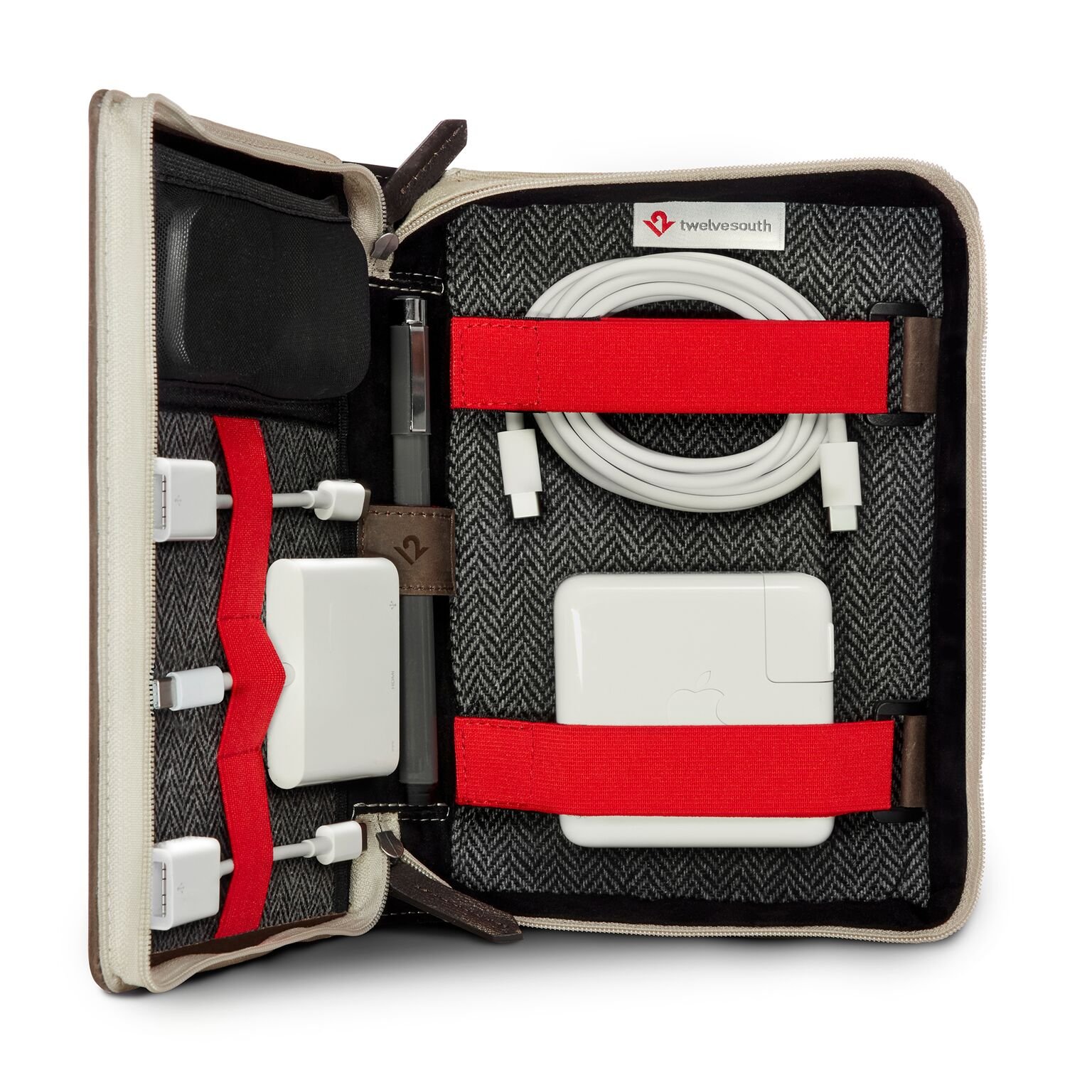 Twelve South BookBook CaddySack | Full-Grain Leather Travel Tote for Chargers, Cables & adapters