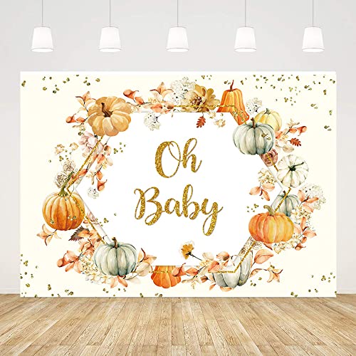 ABLIN 7x5ft Oh Baby Backdrop Boy Girl Baby Shower Party Decorations Autumn Pumpkin Flowers Golden Dots Photography Background Newborn Kids Birthday Party Photo Props, multicolor