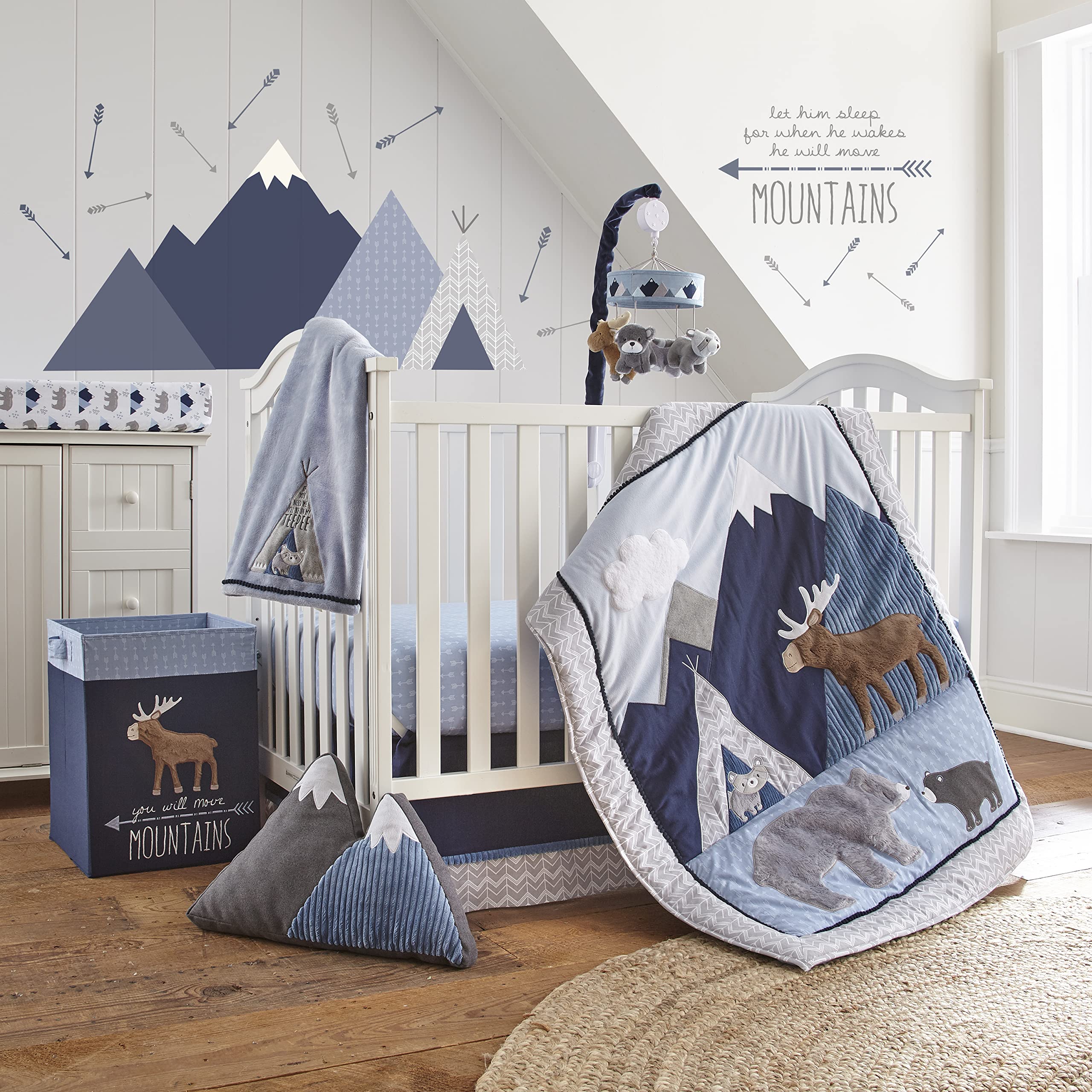 Levtex Baby - Trail Mix Crib Bed Set - Baby Nursery Set - Grey, Navy, White and Blue - Bear Mountains - 4 Piece Set Includes Quilt, Fitted Sheet, Wall Decal & Skirt/Dust Ruffle