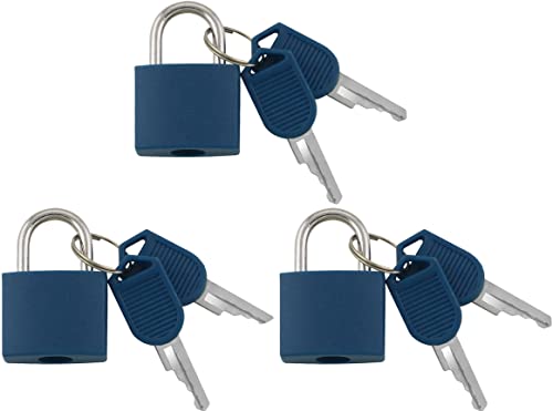 3 Pc Metal Padlock Solid Brass Luggage, Backpack, Diary, Jewelry Box, Crafts, School Teaching Lock with Key and Durable Cover (Small, Navy Blue)