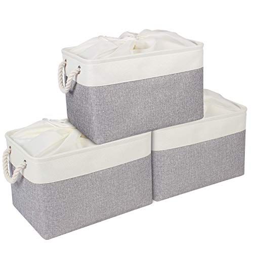 KEEGH Fabric Storage Bins,3-Pack Gray storage Baskets for Organizing with Drawstring Cover & Handles,Decorative Storage Baskets for Gift Organization Closet 15 x 10 x 9.5inch