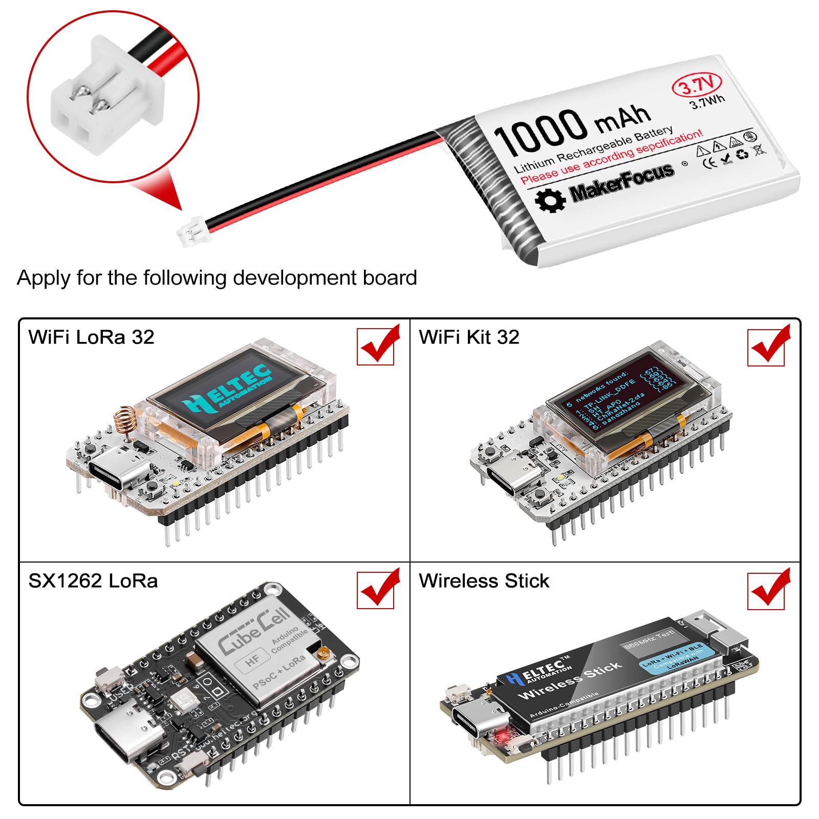 MakerFocus 4pcs 3.7V Lithium Rechargeable Battery JST1.25 Connector 2pin, 952540 3.7V 1000mAh Battery with Protection Board and Insulated Rubber Tape Compatible with ESP32 Development Board