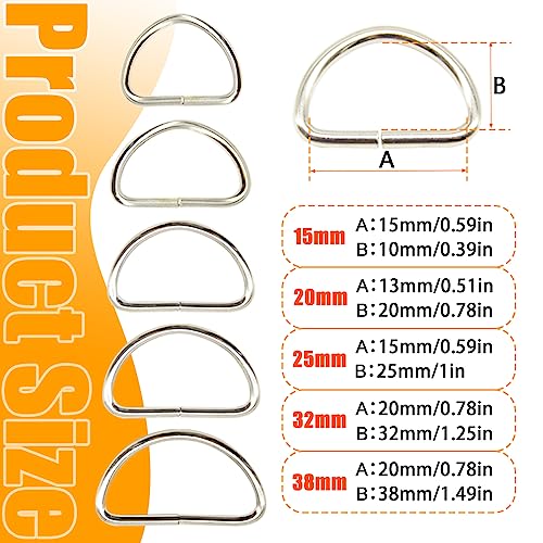 Hocansen 100 Pieces D Rings 15mm Metal D Ring Buckle Clips Sewing Accessories for Hand DIY Hardware Bags (15mm/D)