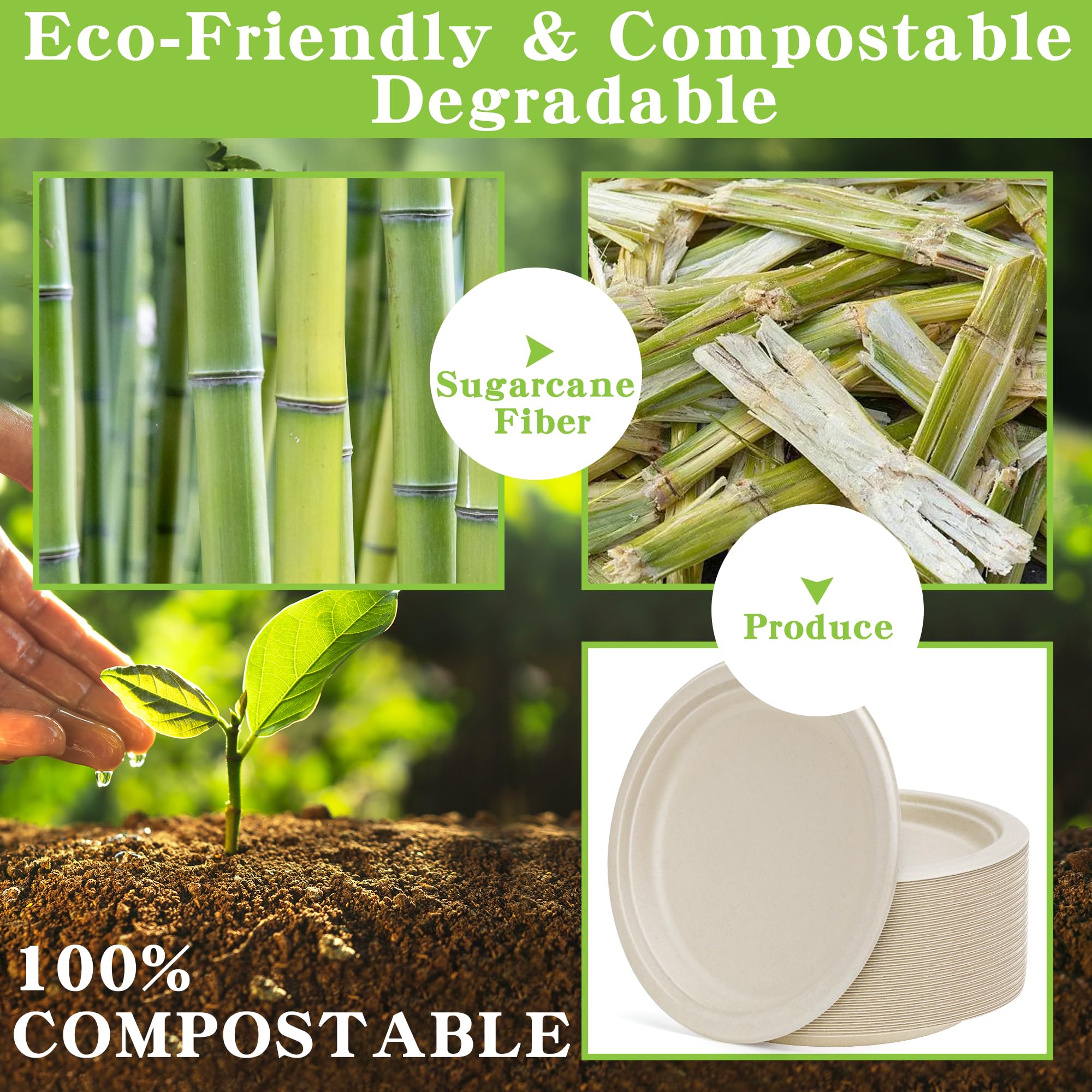 50 PCS Compostable Paper Plates, 9" Heavy Duty Disposable Plates, Biodegradable Sugarcane Fiber Natural Bagasse Party Plates Microwave Safe Dinner Plates Bulk for Daily Use Birthday Wedding Picnic
