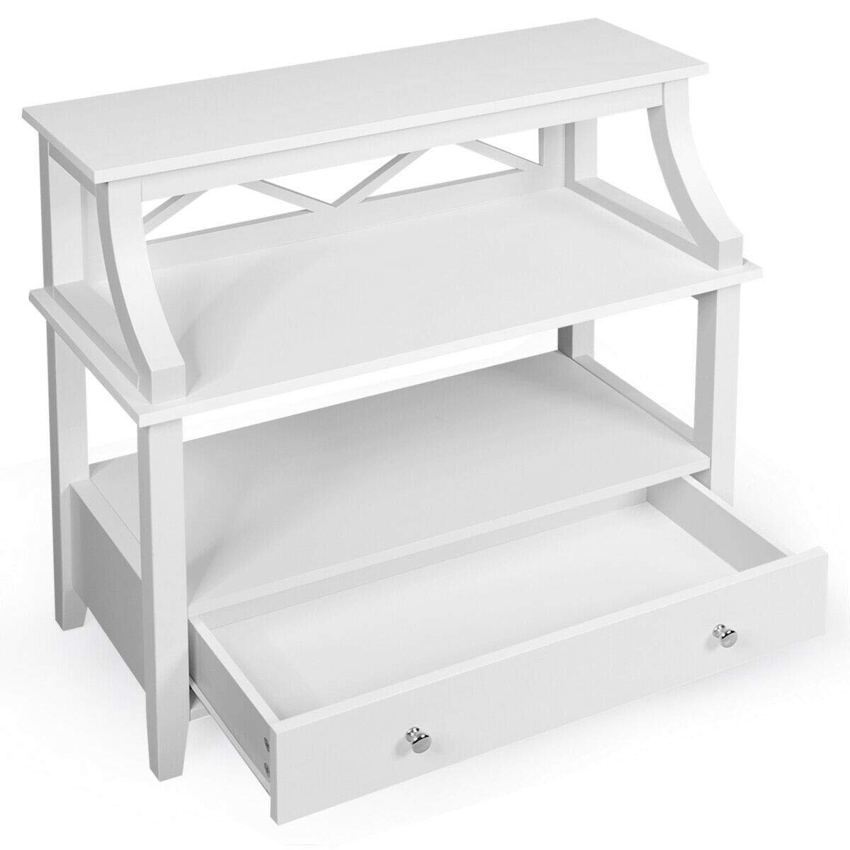 3-Tier Multipurpose Rack Storage Rack End Table Side Table with Slide Drawer Furniture Home for Living Room, Bedroom, Office, White