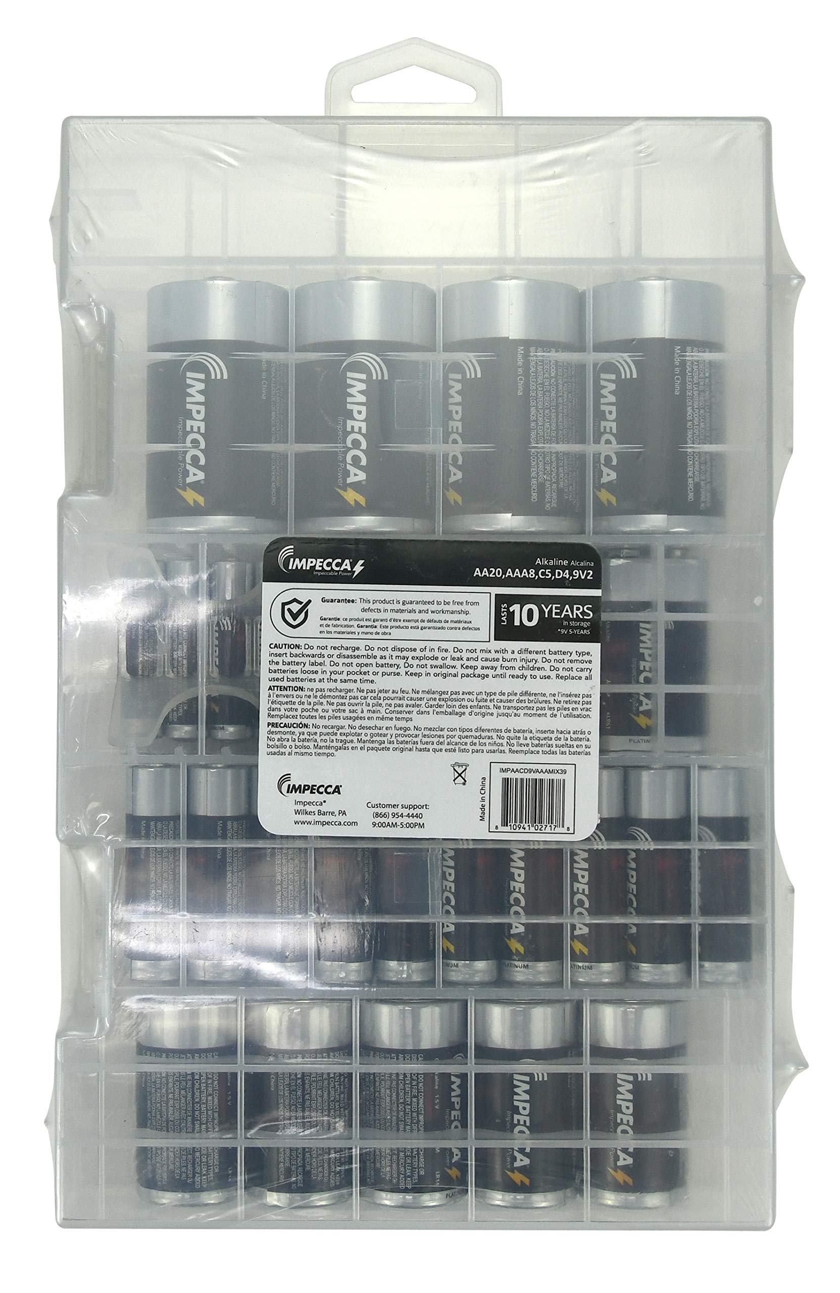 Impecca Super Alkaline Batteries AA-20 AAA-8 C-5 D-5 9Volt-2 Maximum Power 10-Year Shelf Life Long Lasting Batteries Combo Pack with Battery Storage Box Organizer, 39 Batteries Variety Pack