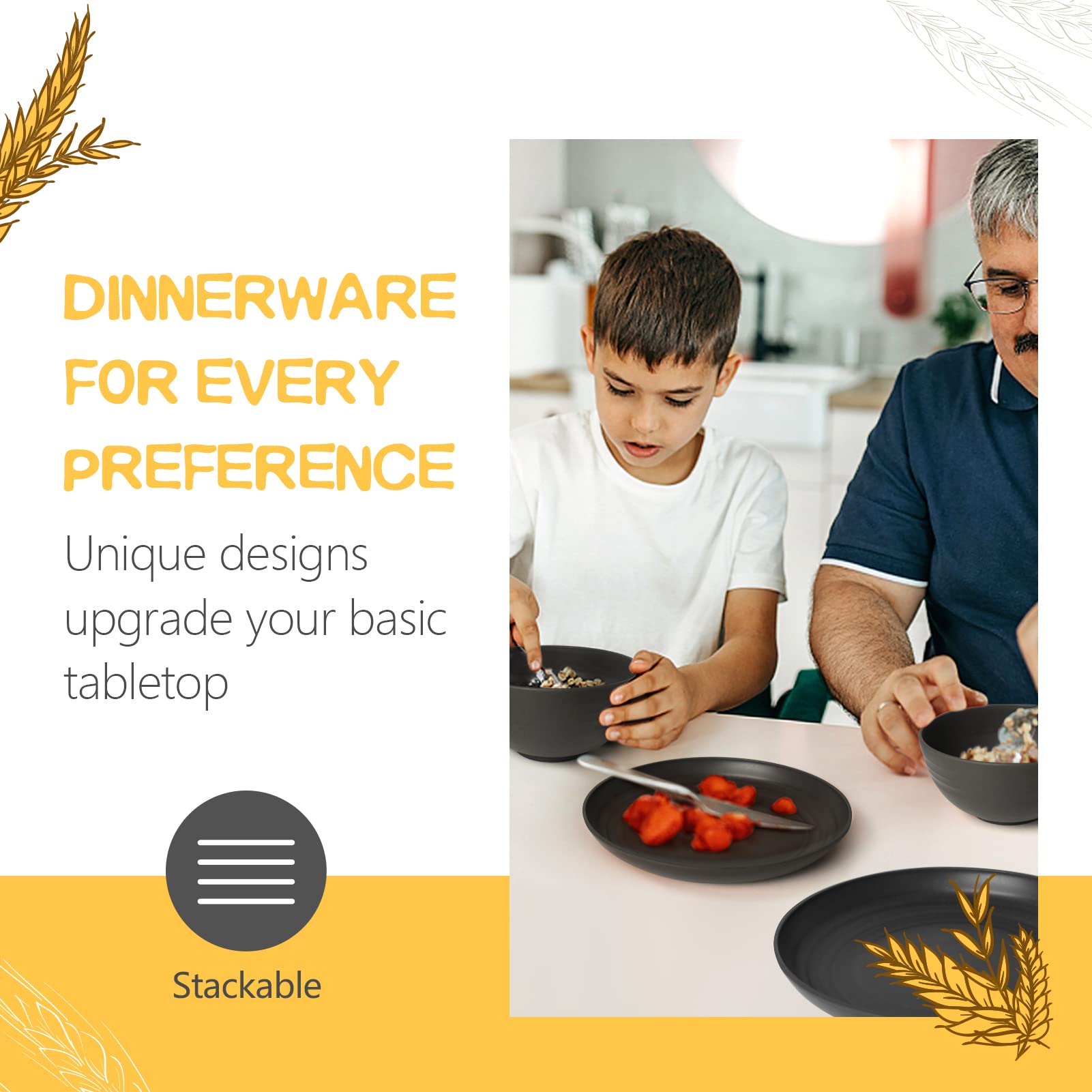 Teivio 12-Piece Kitchen Plastic Flat Wheat Straw Dinnerware Set, Service for 4, Dinner Plates, Cereal Bowls, 20oz Cups, Unbreakable Plastic Outdoor Camping Dishes, Black Matte