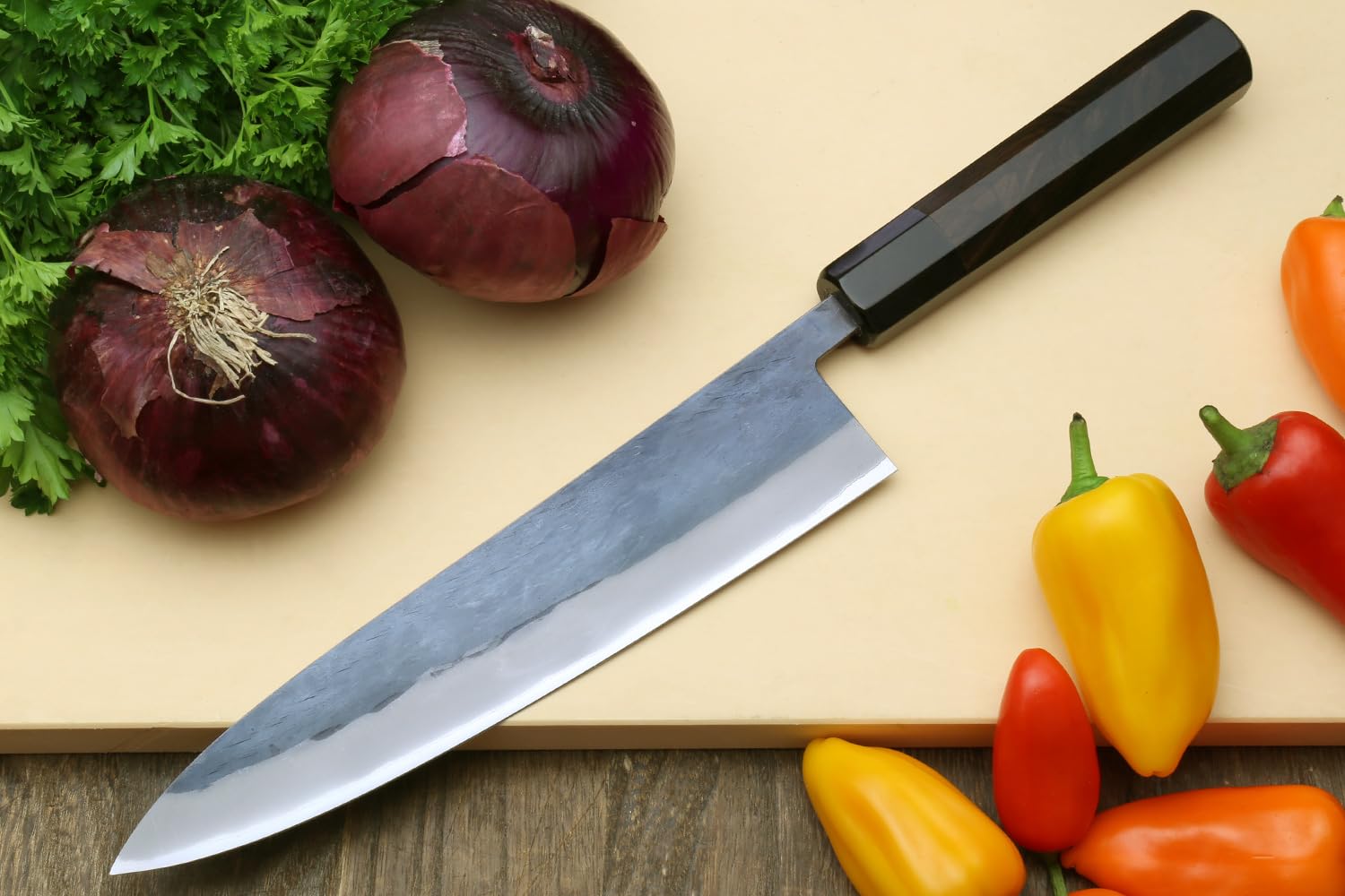 Yoshihiro Kurouchi Black-Forged Blue Steel Stainless Clad Gyuto Chefs Knife Ebony Handle (9.5'' (240mm) & No Saya)