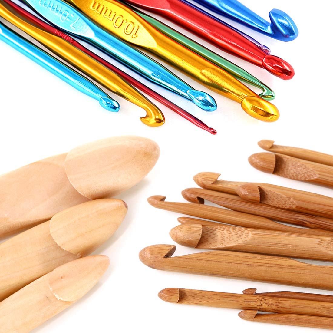 24Pcs Crochet Hooks Kit, Including 3mm-25mm 15Pcs Assorted Sizes Wooden Bamboo Crochet Hooks and 9Pcs Multi-Coloured Aluminum 2mm-10mm Handle Crochet Hooks for Handcrafted Knitting Needles