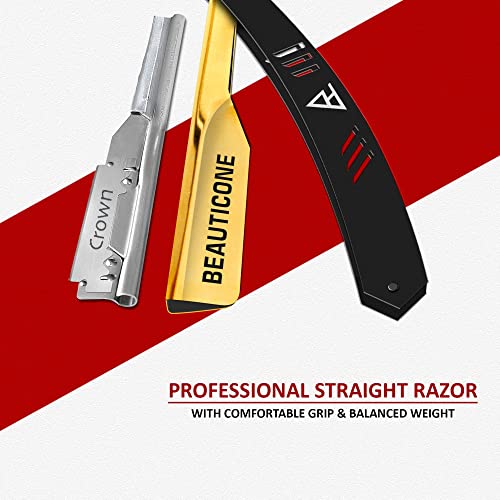 BEAUTICONE Straight Razor | Professional Barber Razor for men with 100 Single Edge Blades | Straight Edge Razor │slide-out design (Black and Gold Slide-out Razor)