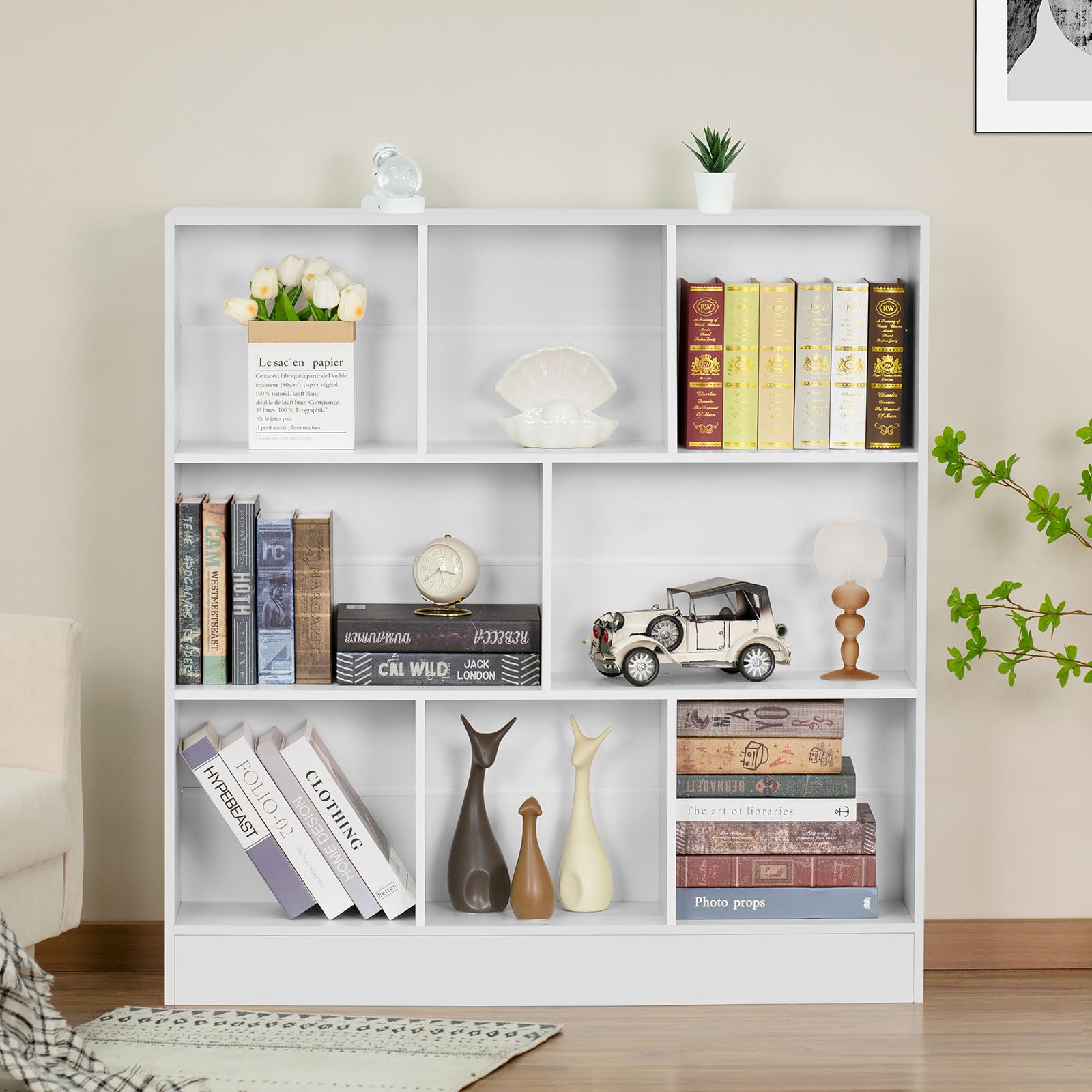 YAHARBO 5 Cube White Bookshelf,Small Modern Horizontal Bookcase,Wood Floor Standing Low Bookshelves Display Storage Cabinet with Base, Short Book Shelf Open Organizer for Bedroom,Living Room,Office