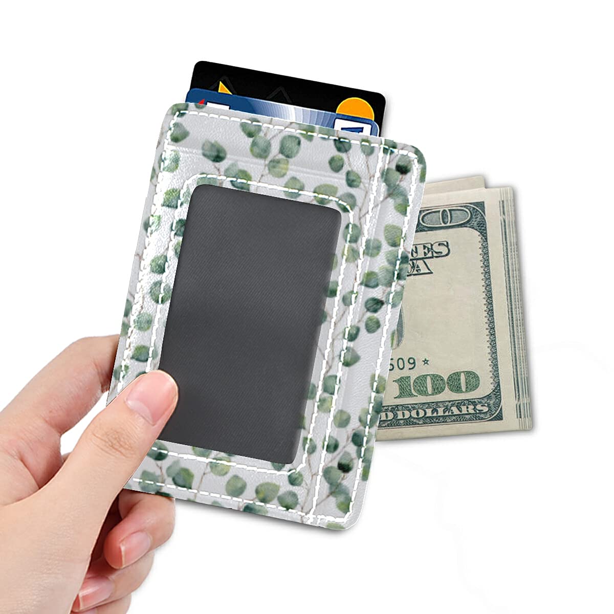 OTVEE Slim Minimalist Wallets Rfid Blocking Card Wallets PU Leather Front Pocket Wallets for Men and Women (Fresh Green Plant Eucalyptus Leaves)