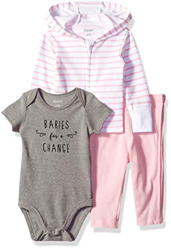 Hanes Ultimate Baby Zippin Pants and Knit Hoodie with Short Sleeve Bodysuit Set, Pink Stripe, 0-6 Months