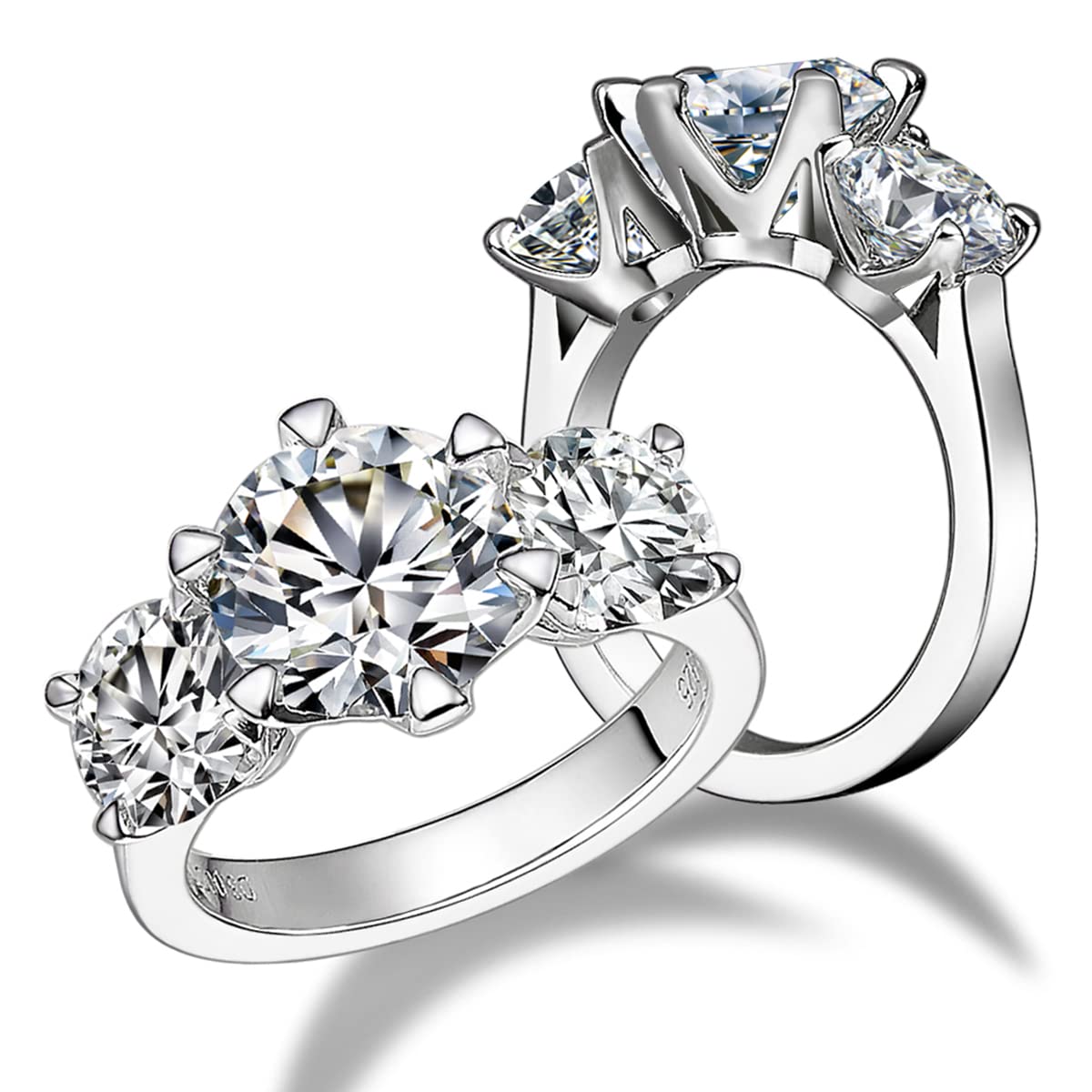 CannyCat 3 Stone Moissanite Ring for Women 5 cttw 3 carat Certified Moissanite with Side 1 carat D-color VVS Brilliant Platinum-Plated Silver Anniversary Engagement Wide Band (6.5)