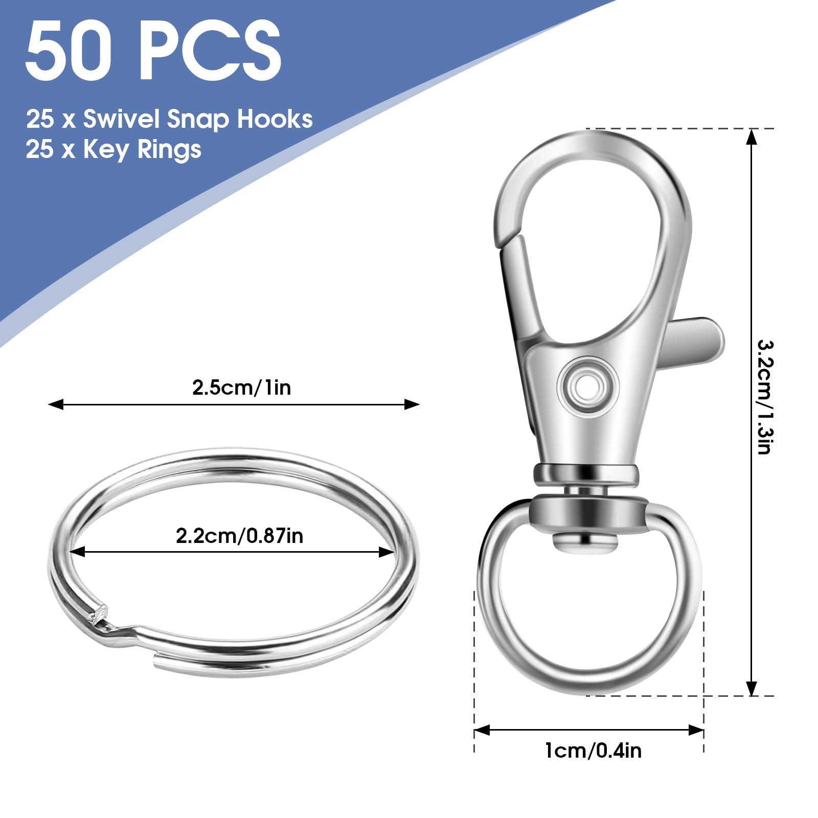 50 PCS in 25 Sets, Metal Swivel Lobster Claw Clasps, Keychain Clip with Large Key Ring, Premium Keychains Clips, Snap Hooks and Sturdy Key Rings, for Key Chain Making Kit,HnoaTovy (Silver)